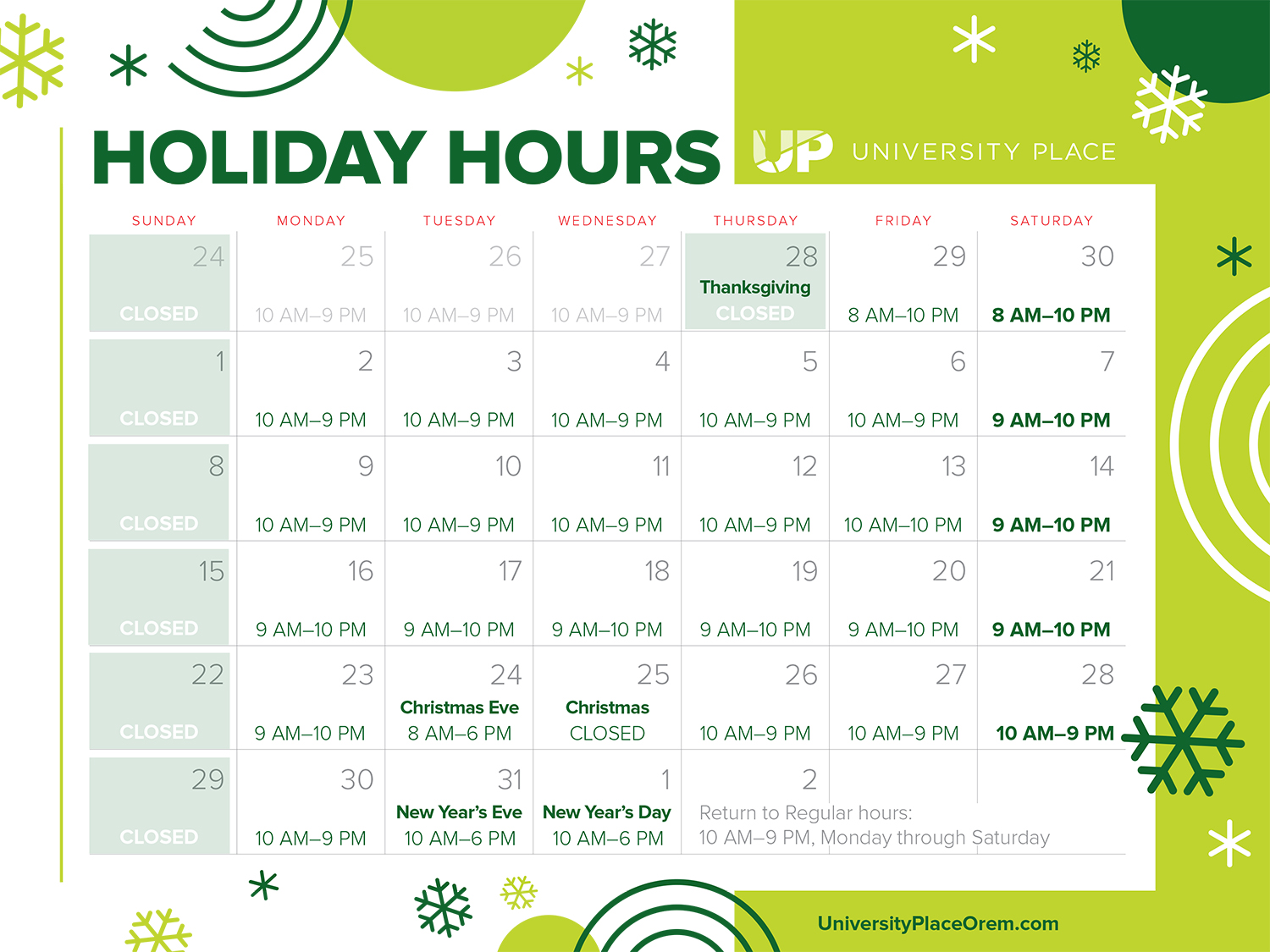 Holiday Hours – University Place